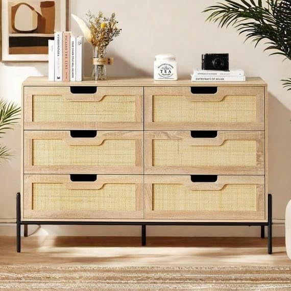 IDEALHOUSE Oak 6 Drawer Dressers, Handmade Rattan Chest, Modern and ...