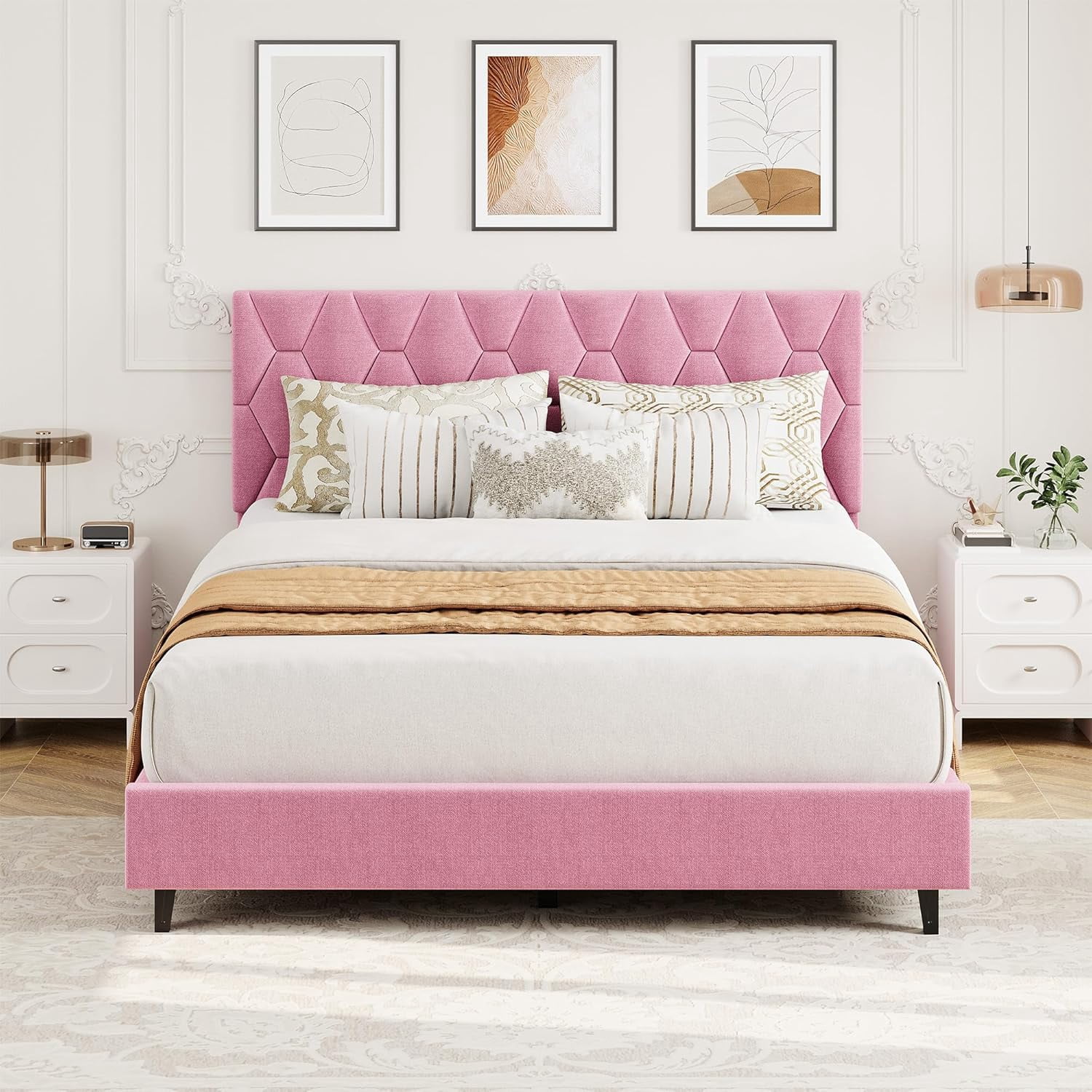 IDEALHOUSE Pink Queen Bed Frames, Velvet Upholstered Bed Frame ...