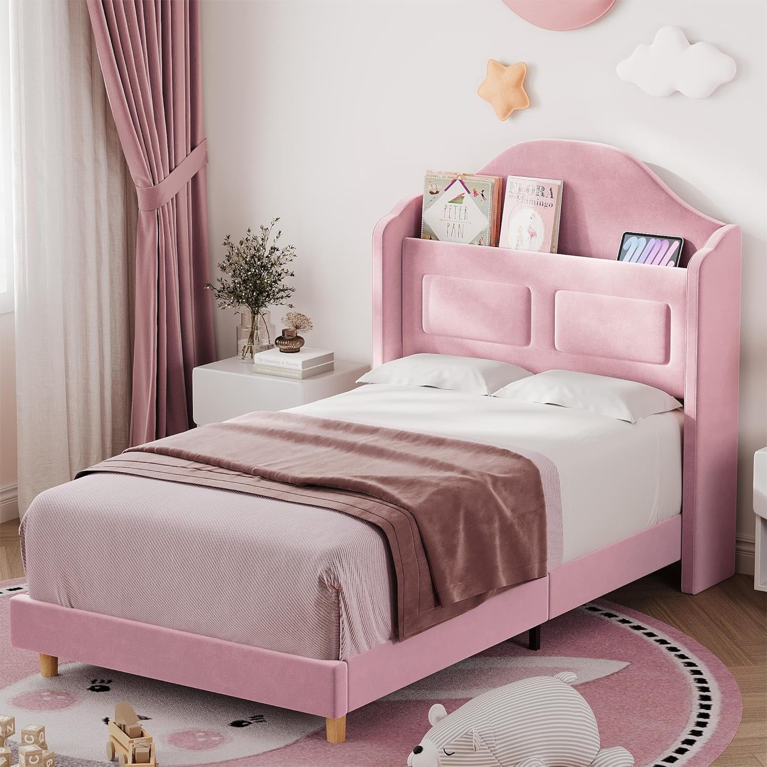 IDEALHOUSE Pink Upholstered Twin Bed Frame with Lights, Stylish Velvet ...