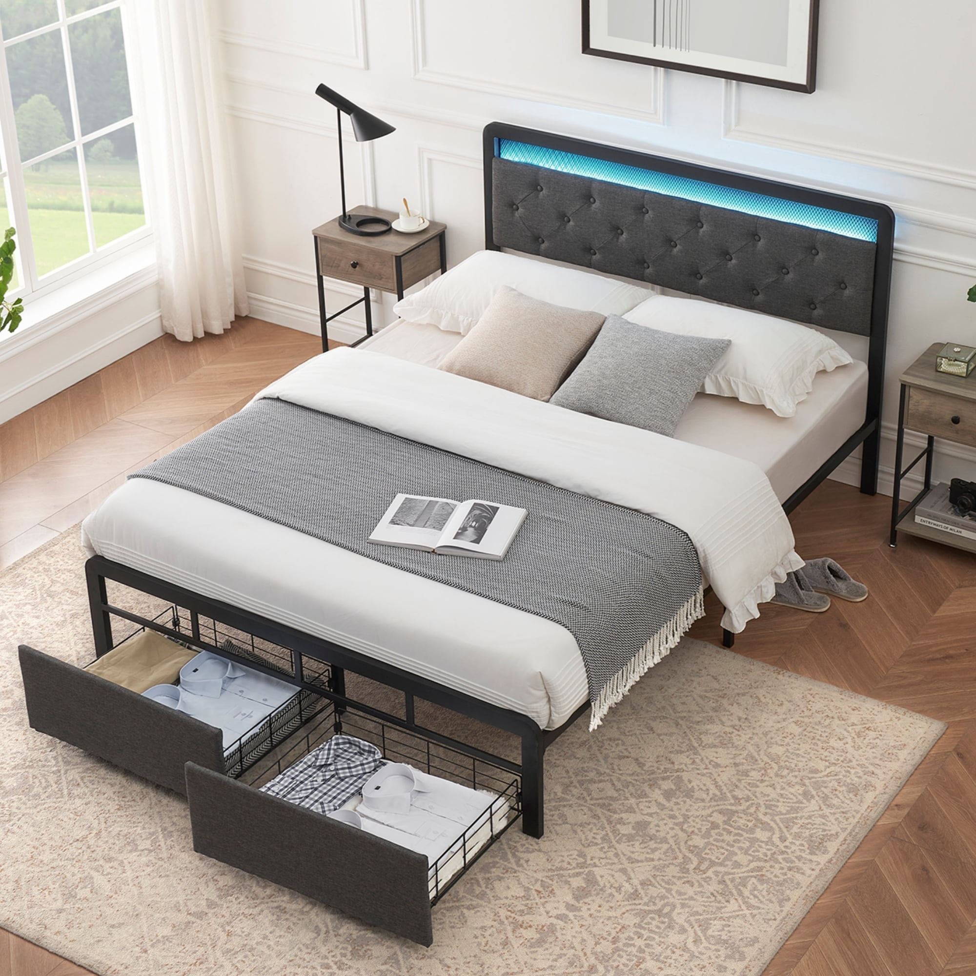 IDEALHOUSE Queen Size Bed Frame with LED Lights Headboard, Upholstered ...