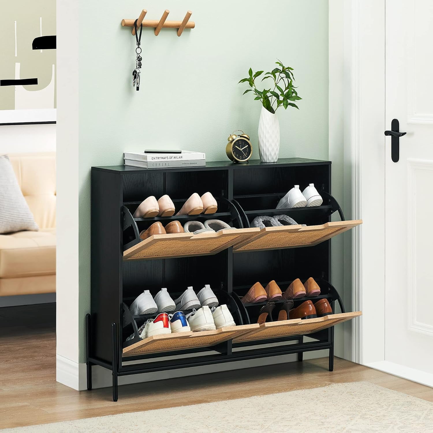 IDEALHOUSE Rattan Shoe Cabinet with 4 Flip Drawers Modern Wooden Free ...