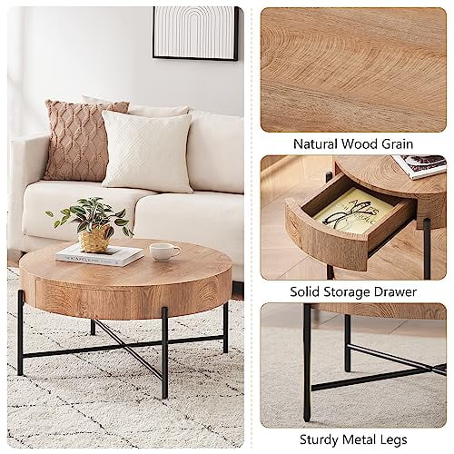 IDEALHOUSE Round Coffee Table Living Room Wood Center Table with Two ...