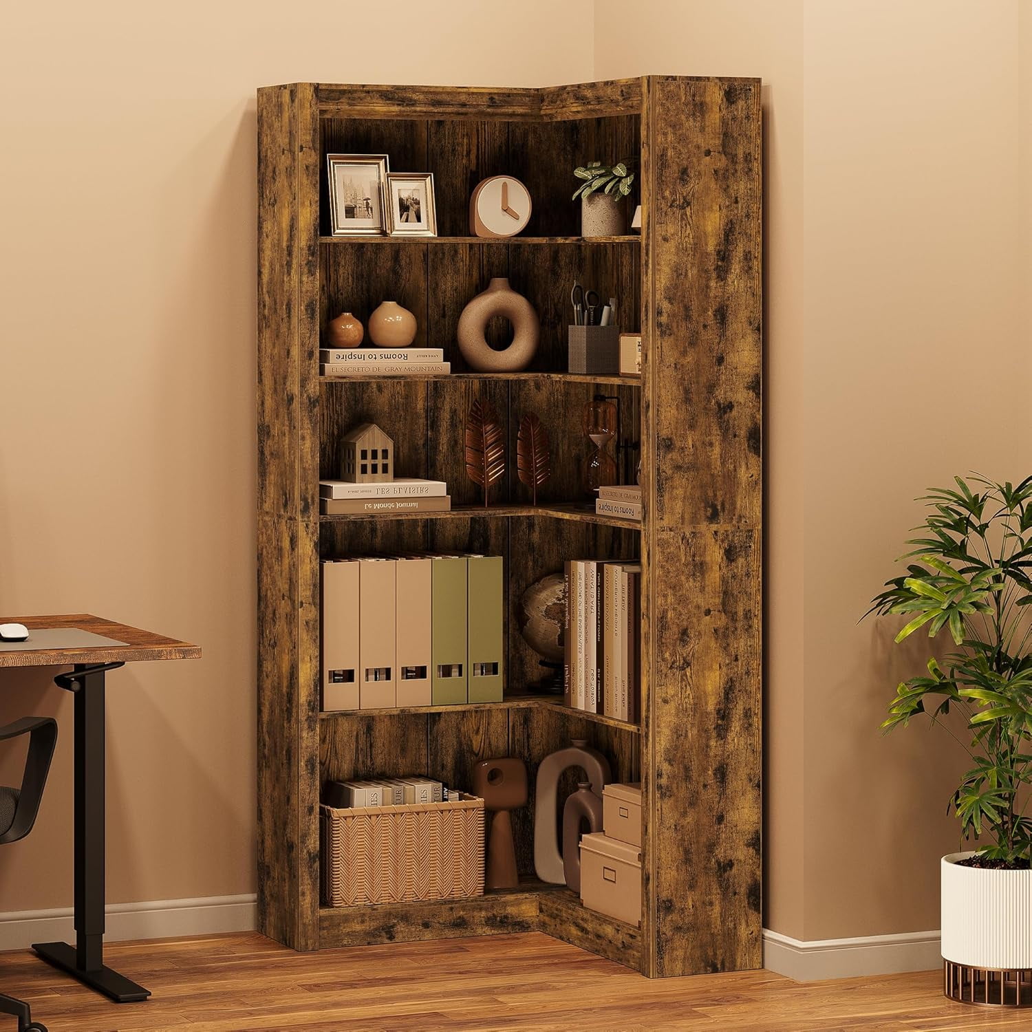 IDEALHOUSE, Vintage Color, 5 Shelf Bookcase, L-Shaped Corner Organizer ...