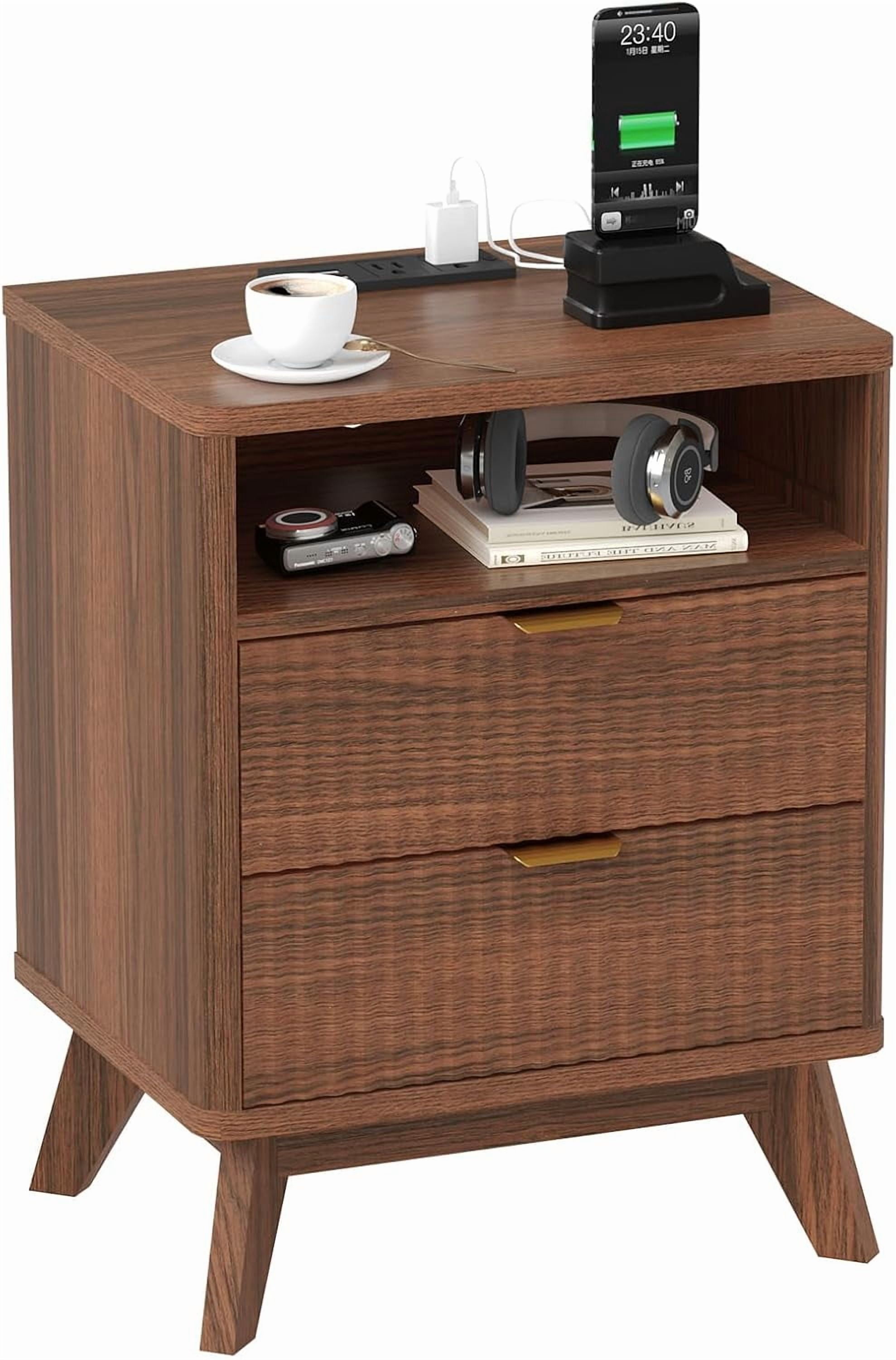 IDEALHOUSE Walnut Nightstands, Fluted 2-Drawer Nightstand with USB ...