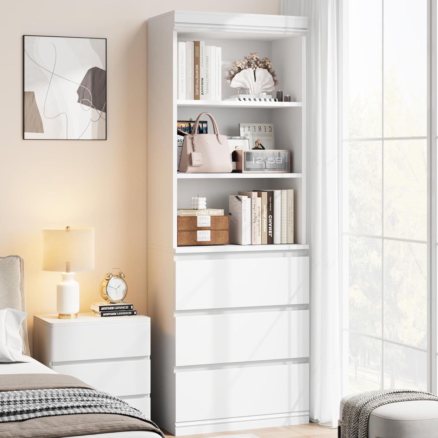 IDEALHOUSE, White, 3 Shelf Bookcase, Storage Cabinet, 3 Drawers, Open ...