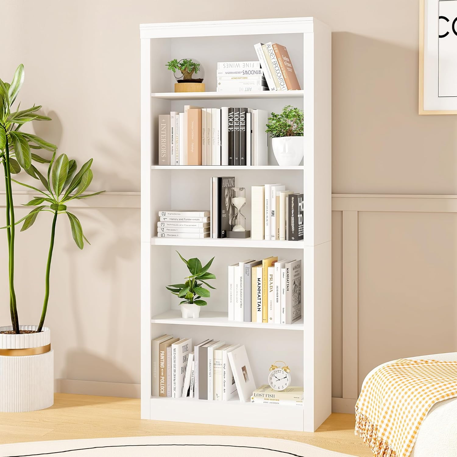 IDEALHOUSE, White, 5 Shelf Bookcase, Tall Open Bookshelf, Modern ...