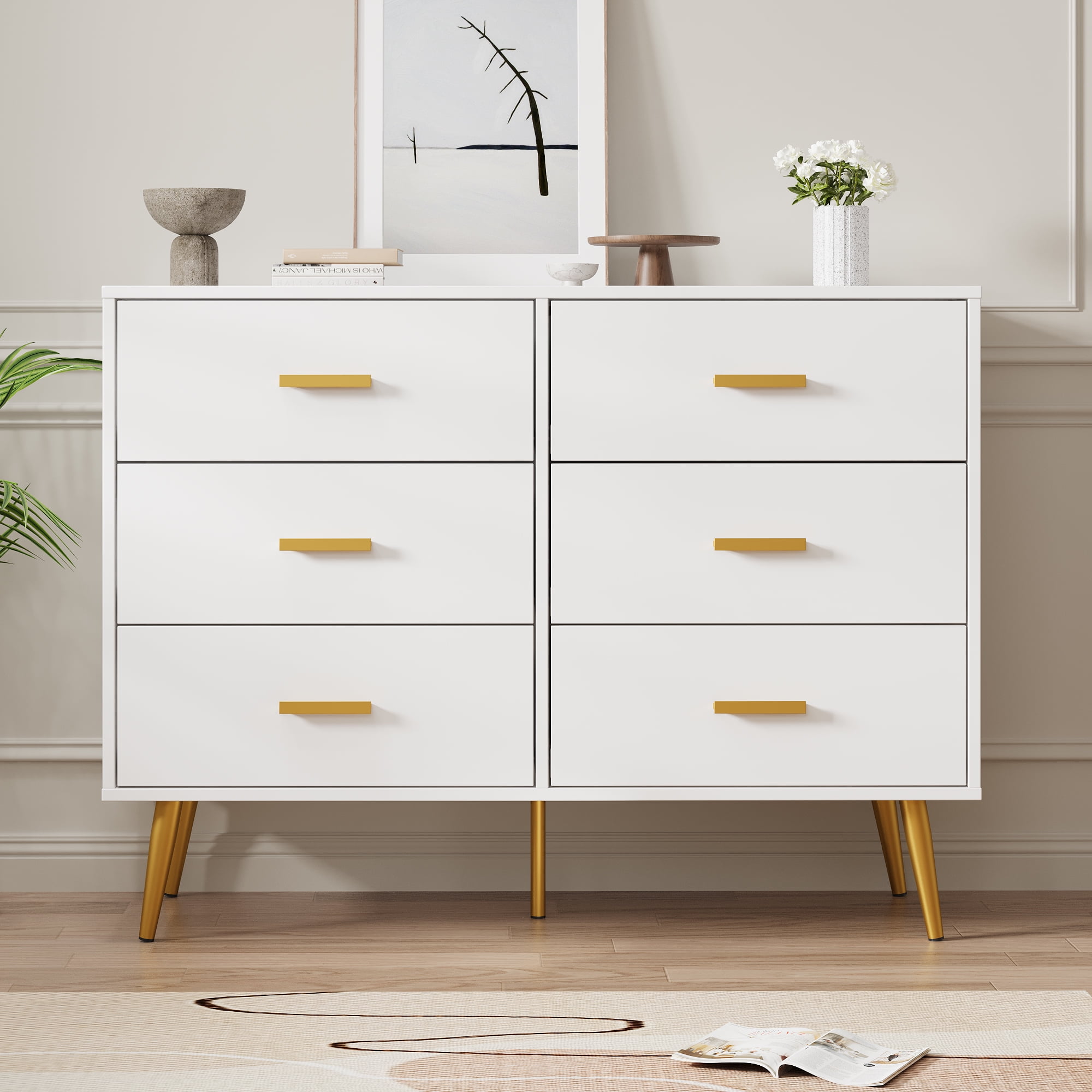 IDEALHOUSE White 6-Drawer Dresser with Gold Handles – Stylish Storage ...