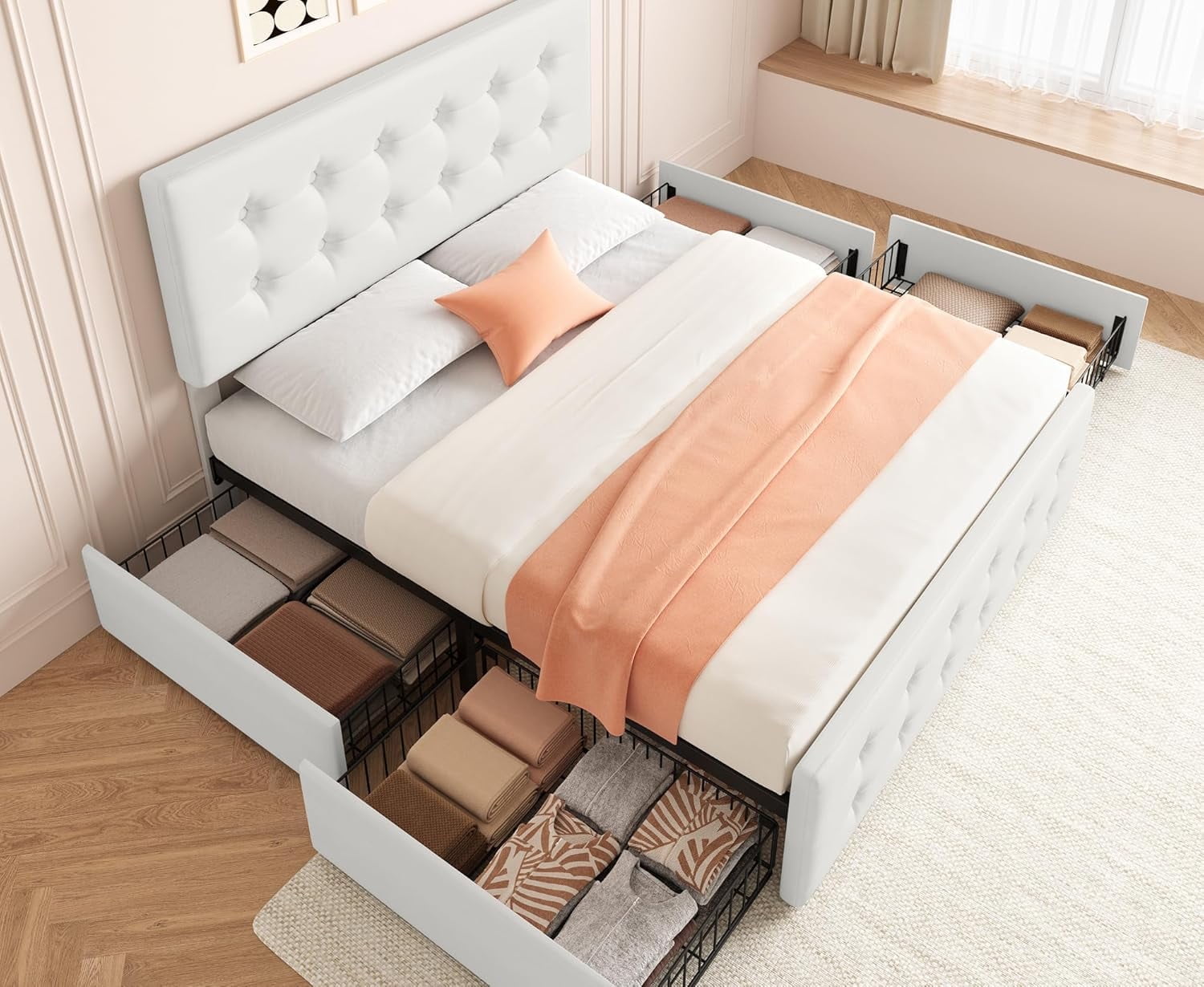 IDEALHOUSE White Bed Frames, Queen Size, Adjustable Faux Leather ...