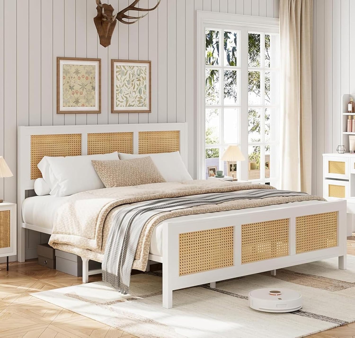 IDEALHOUSE White Bed Frames, Queen Size, Boho Rattan Headboard, Metal ...