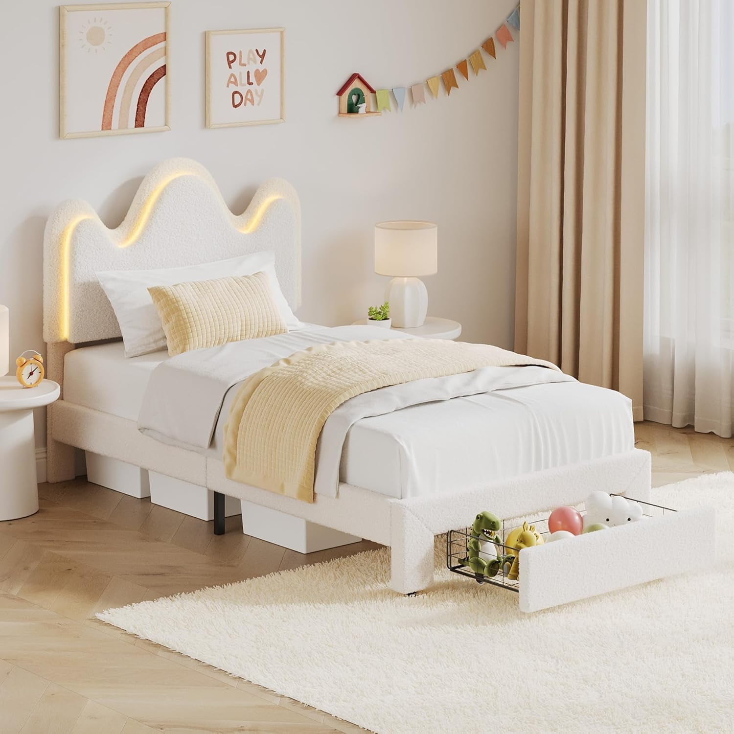 IDEALHOUSE White Bed Frames, Twin Size, Adjustable Flower Headboard ...