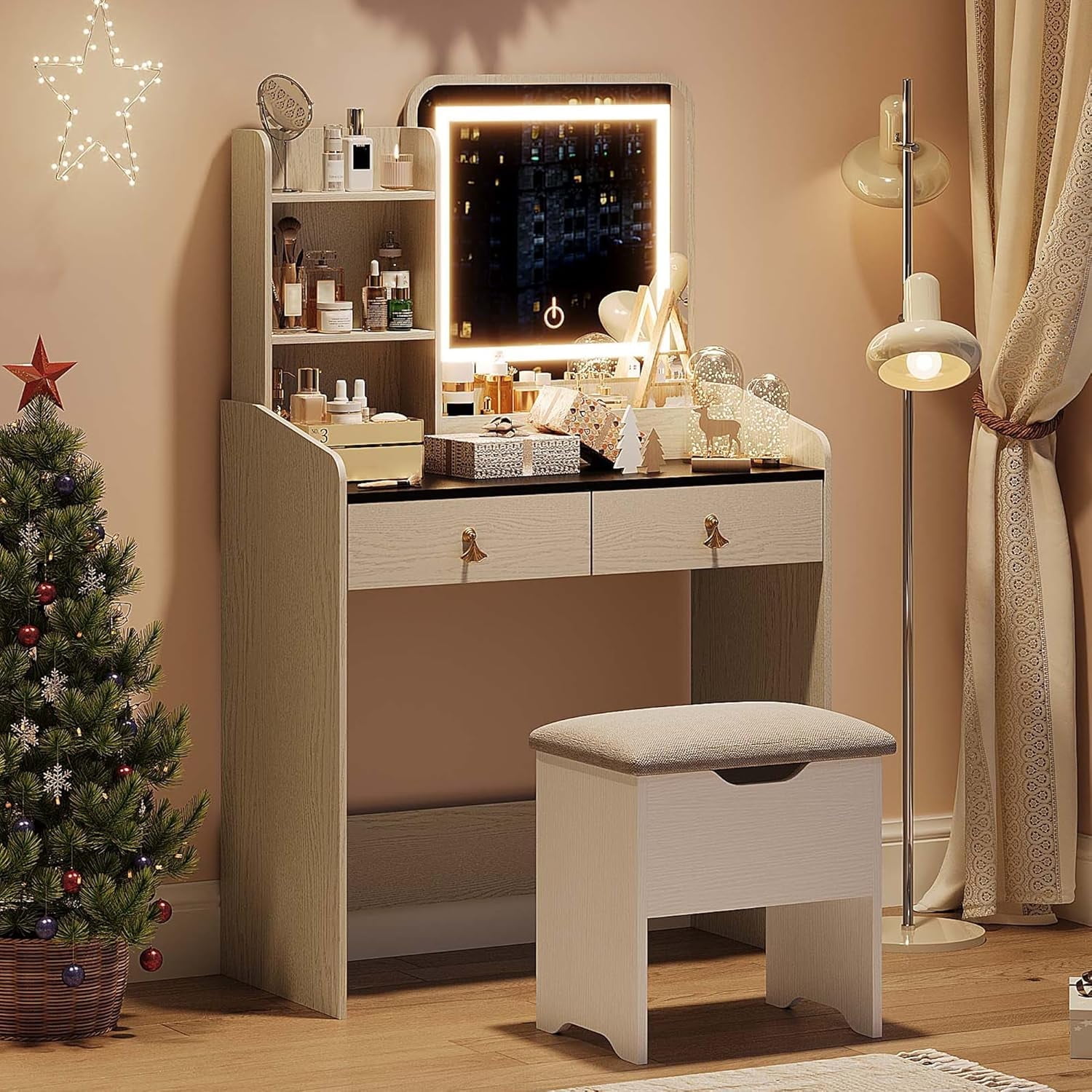 IDEALHOUSE White + Black Tabletop, 2 Drawers, Dressers Makeup Vanity ...