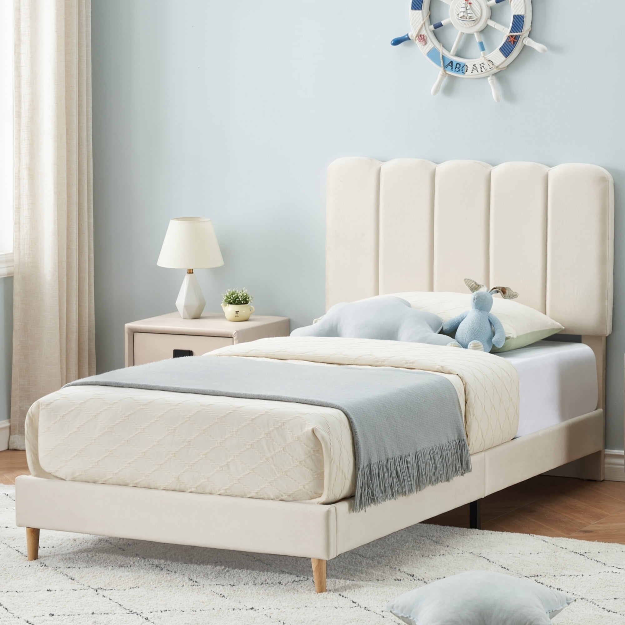IDEALHOUSE White Twin Bed Frame for Boys Girls Velvet Upholstered Platform Bed Frame with Headboard Strong Wooden Slats Noise Free No Box Spring Needed Easy Assembly Walmart