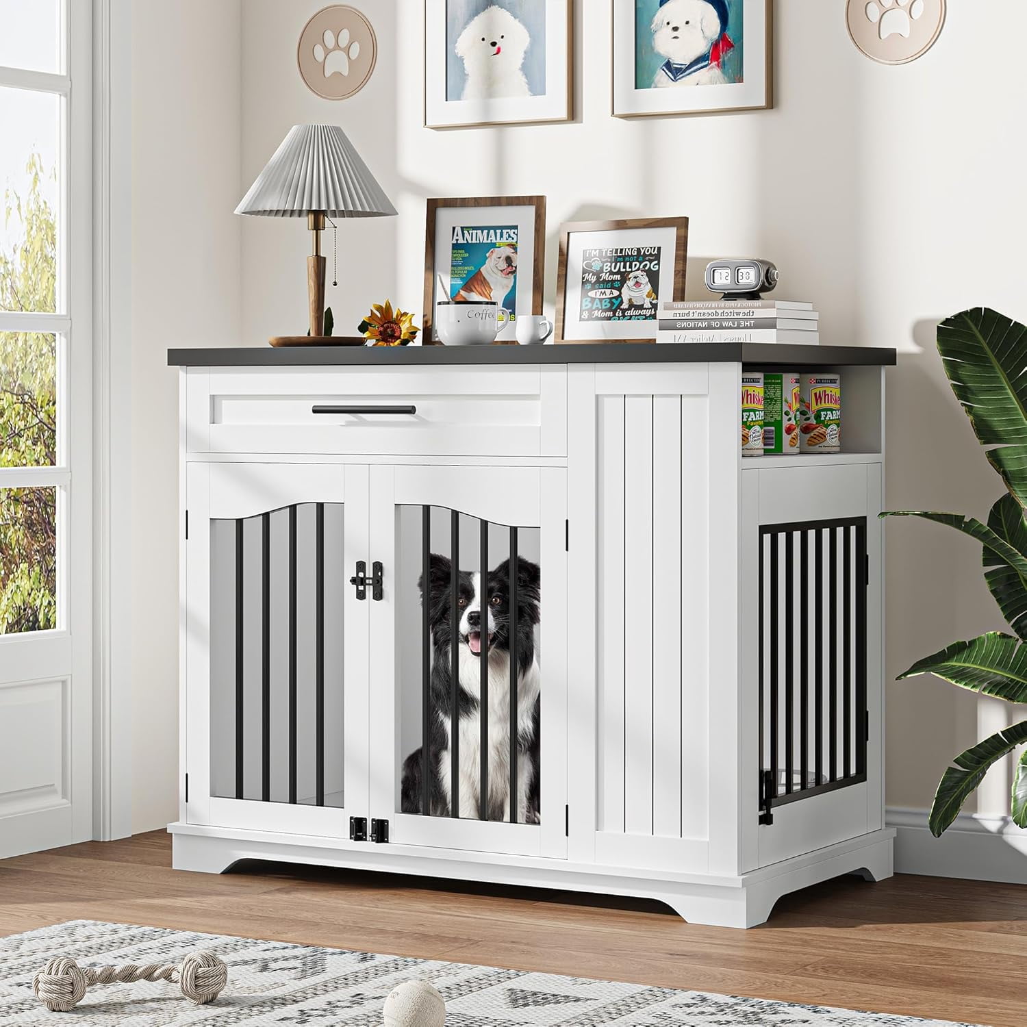 IDEALHOUSE White & Walnut Dog Gate, 44in Heavy Duty Furniture Style Dog ...
