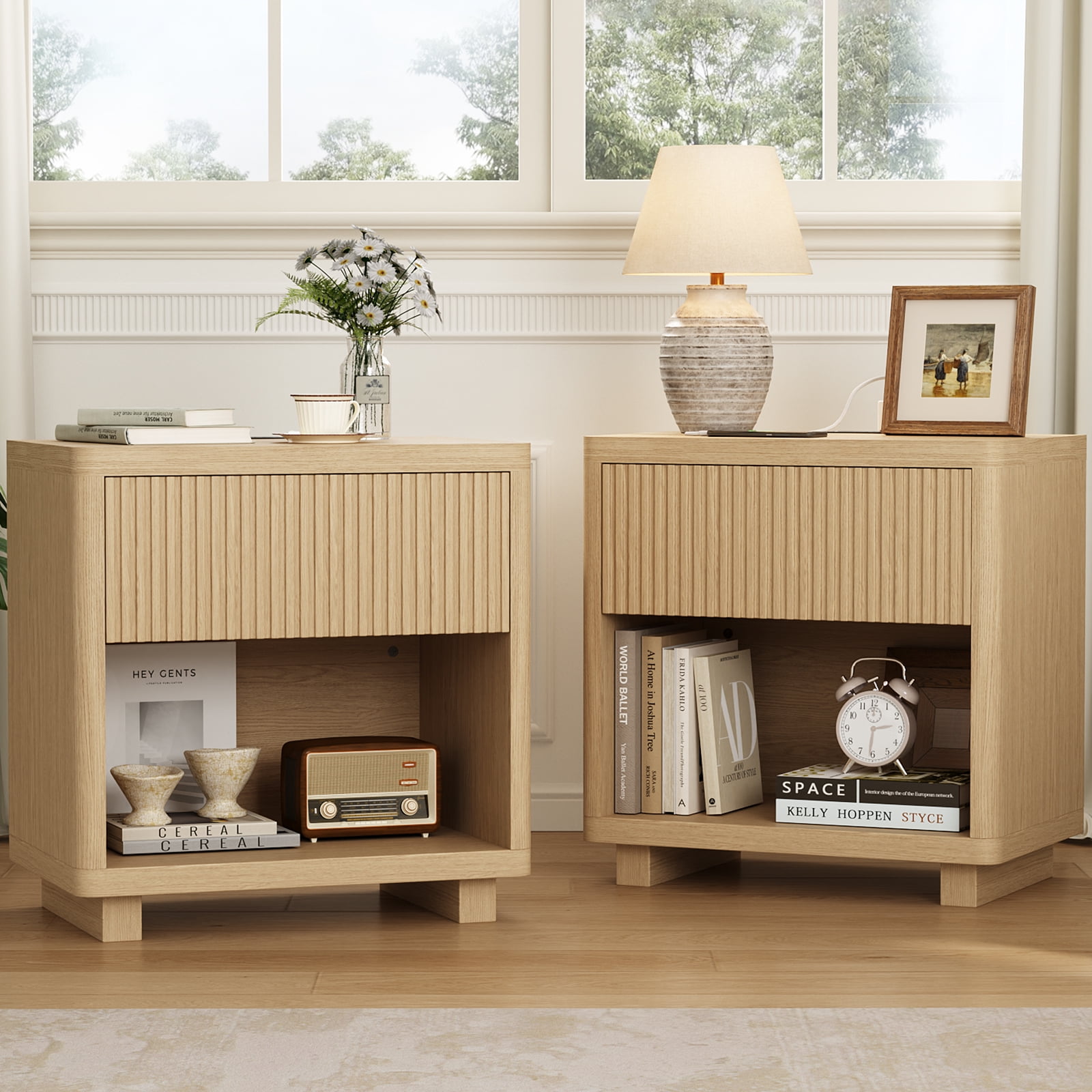 IDEALSOUL Nightstand Set of 2, Fluted Bedside Table with Charging ...