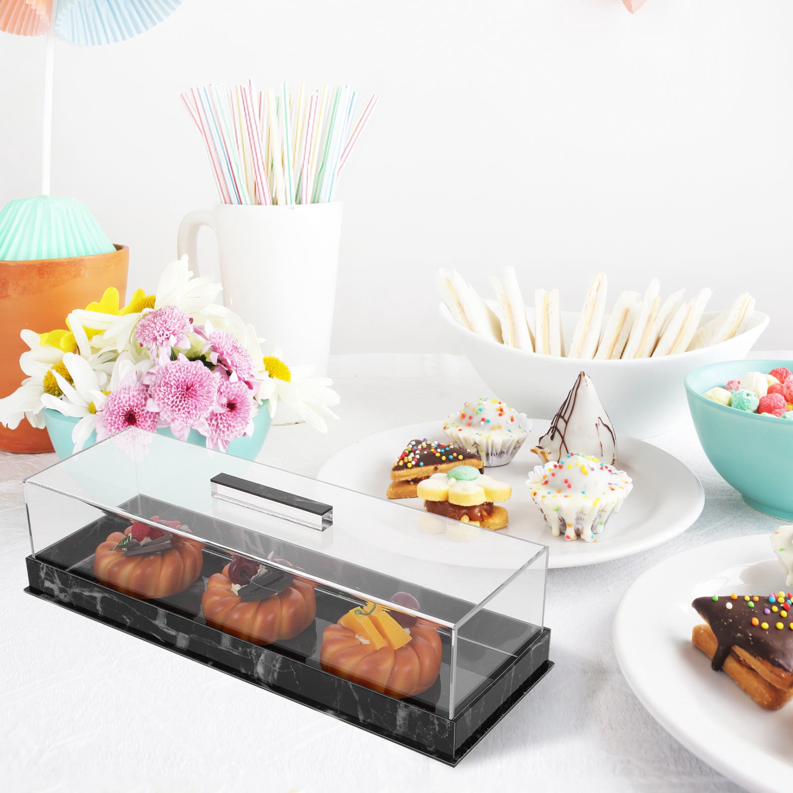 IDEANATEGRATE 1Pcs Rectangle Cake Tray Black Acrylic Marble For Pastry ...