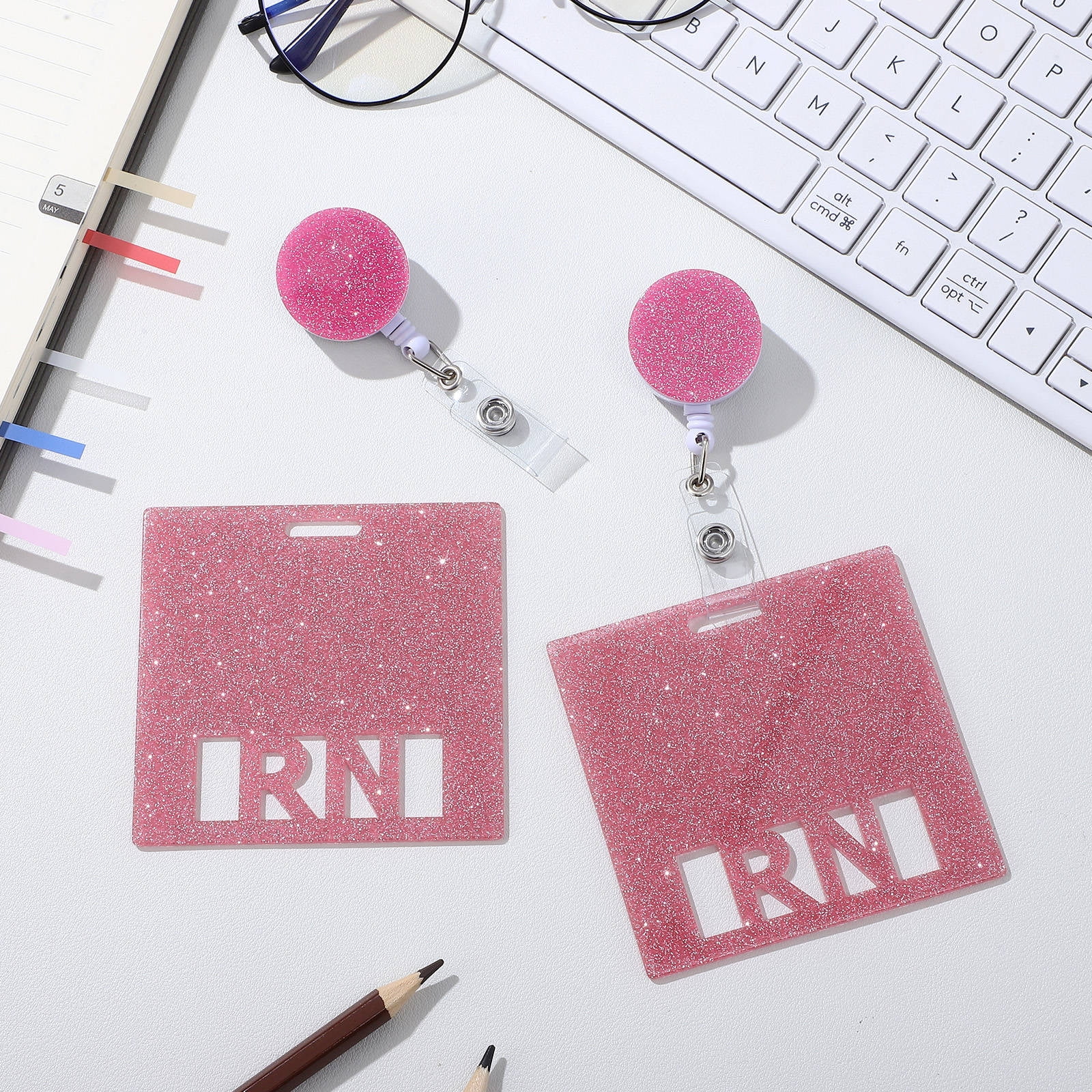 IDEANATEGRATE Nurse Name Tag Badge Card with Glitter Pink Acrylic 2Pcs ...