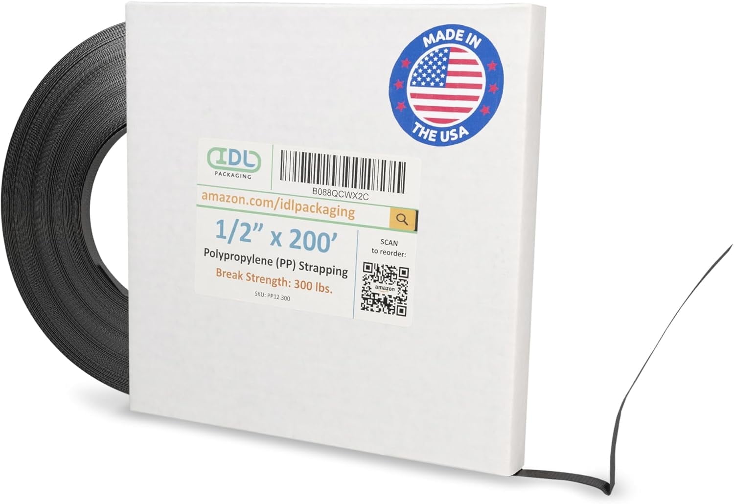 IDL Packaging 1/2" x 200' Polypropylene (PP) Strapping Coil (300 lbs ...