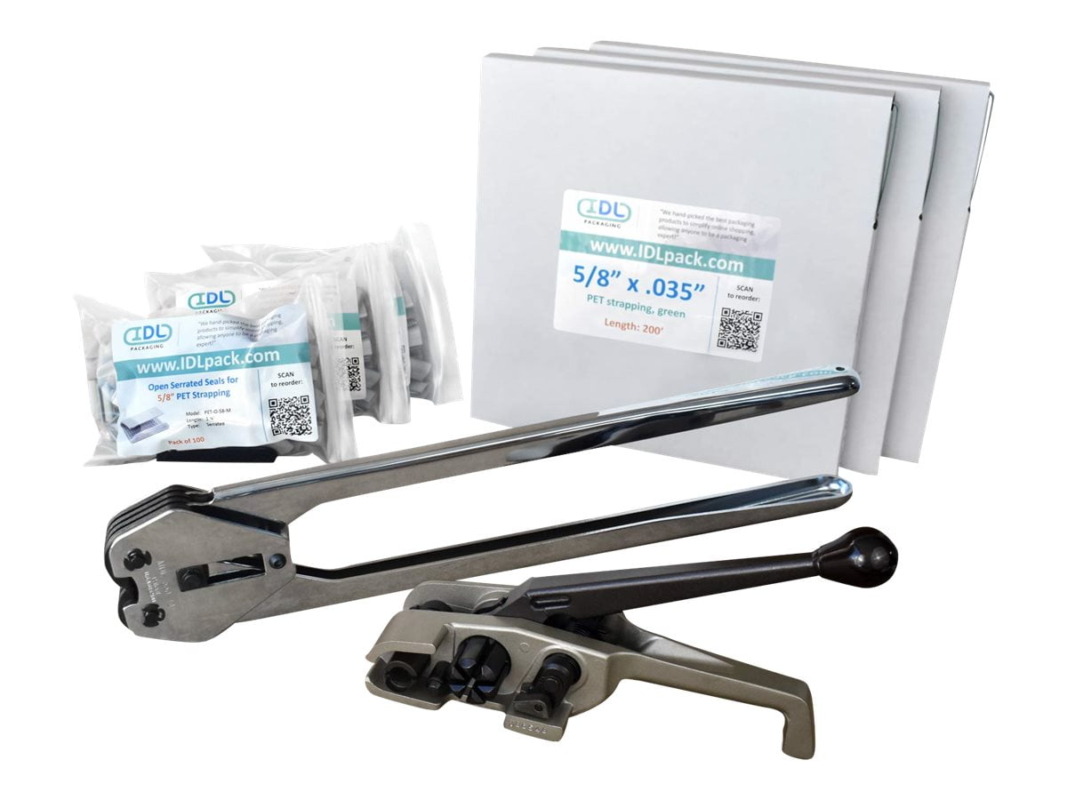 IDL Packaging 5/8" x 600' PRO Polyester (PET) Strapping Kit, 1400 lbs. Break Strength - Include ...