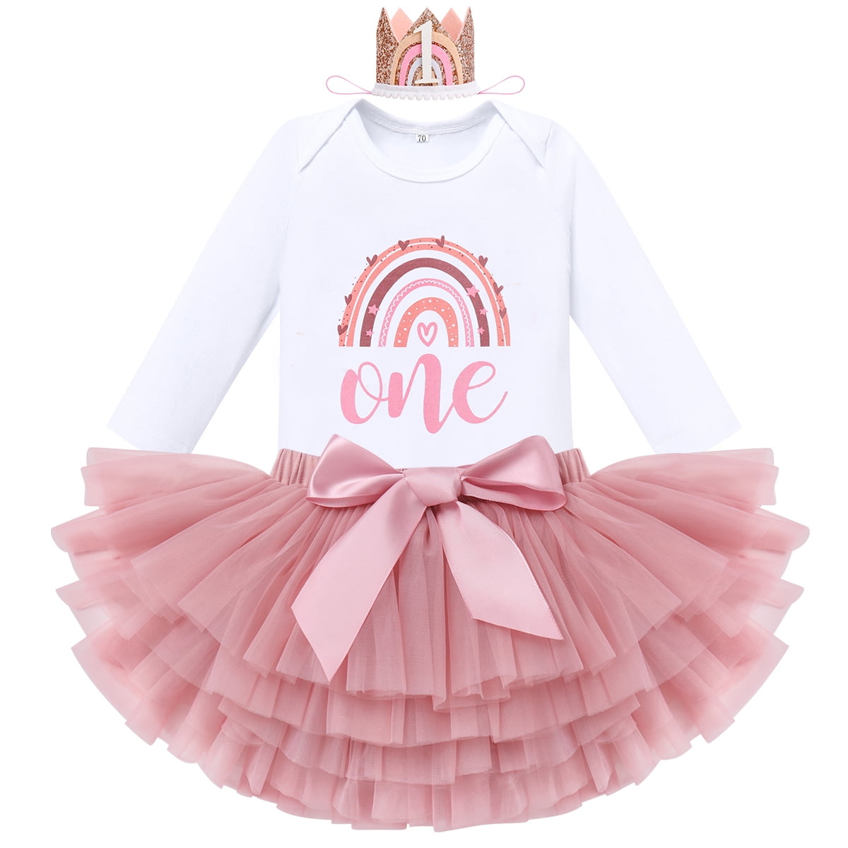 IDOPIP Baby Girls Boho Rainbow 1st 2nd Birthday Outfit Long Sleeve Romper Tutu Skirt Bloomers ...