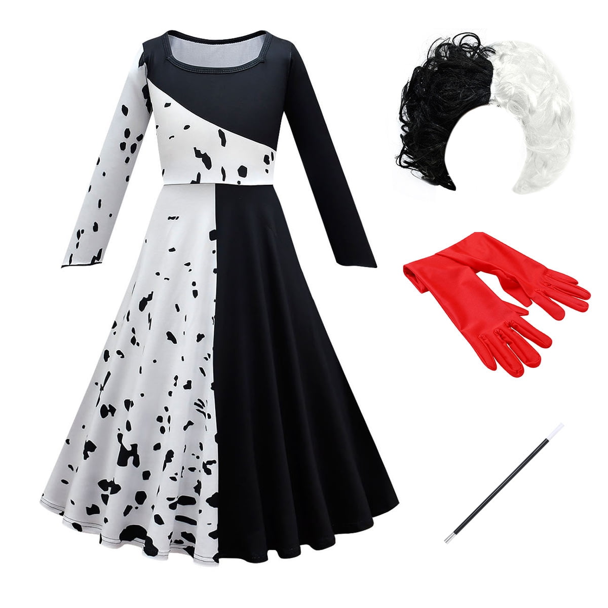 IDOPIP Cruella Deville Costume for Girls Kids Halloween Fancy Dress up ...