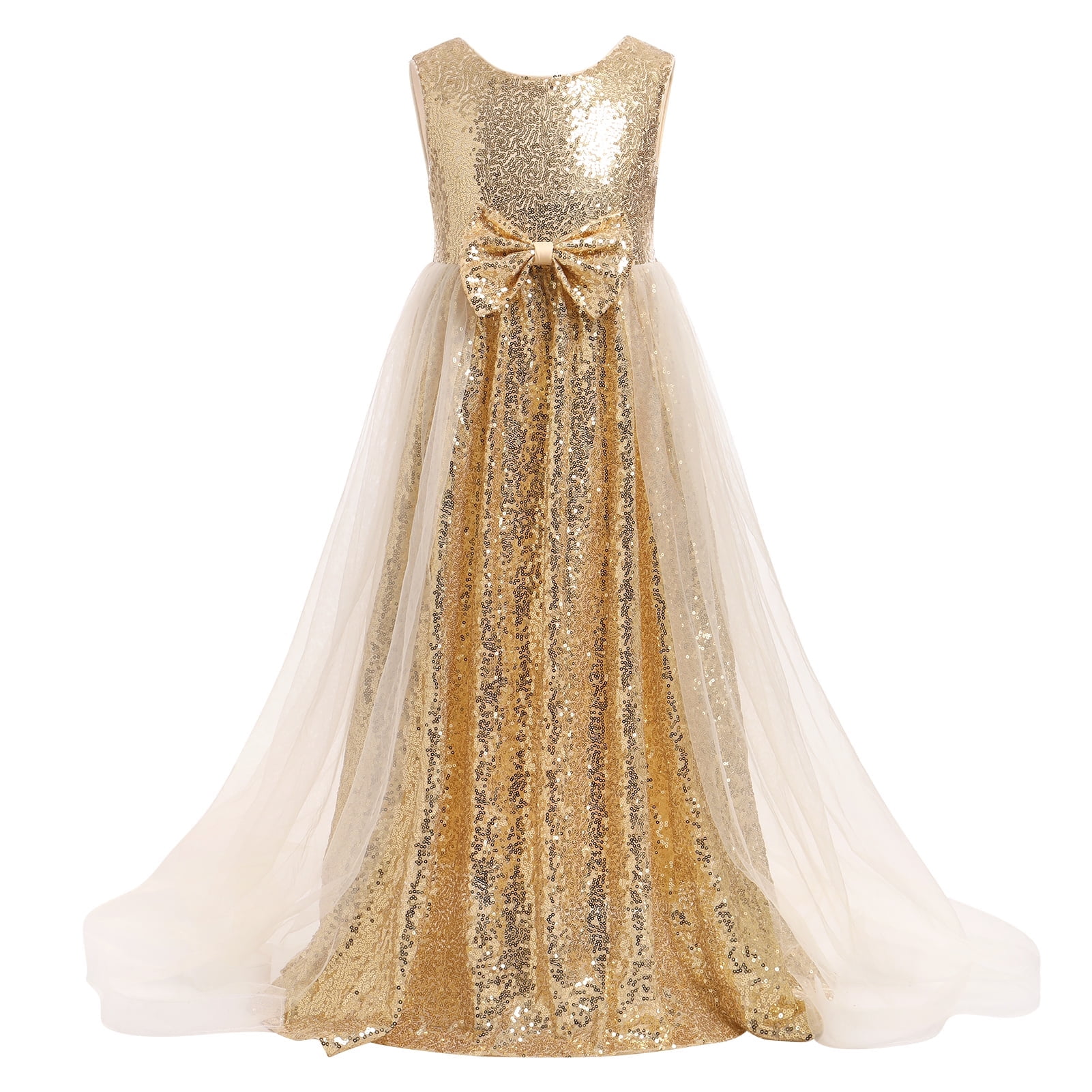 IDOPIP Flower Girls Sequin Dress Sleeveless Sparkly Tulle Long Dress ...