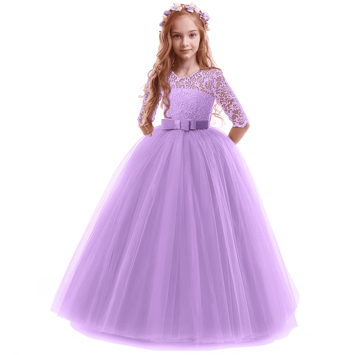 IDOPIP Flower Girls Vintage Floral Lace Dress 3/4 Sleeve Floor Length ...