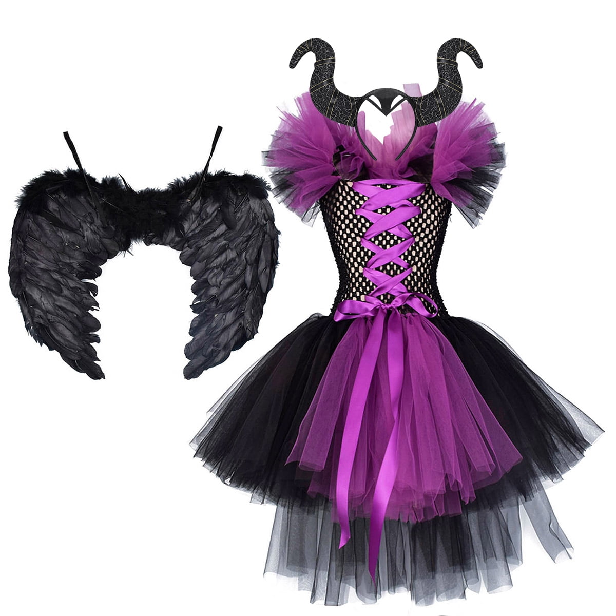 IDOPIP Girls Magnificent Witch Halloween Costume Black Gown with Horns ...
