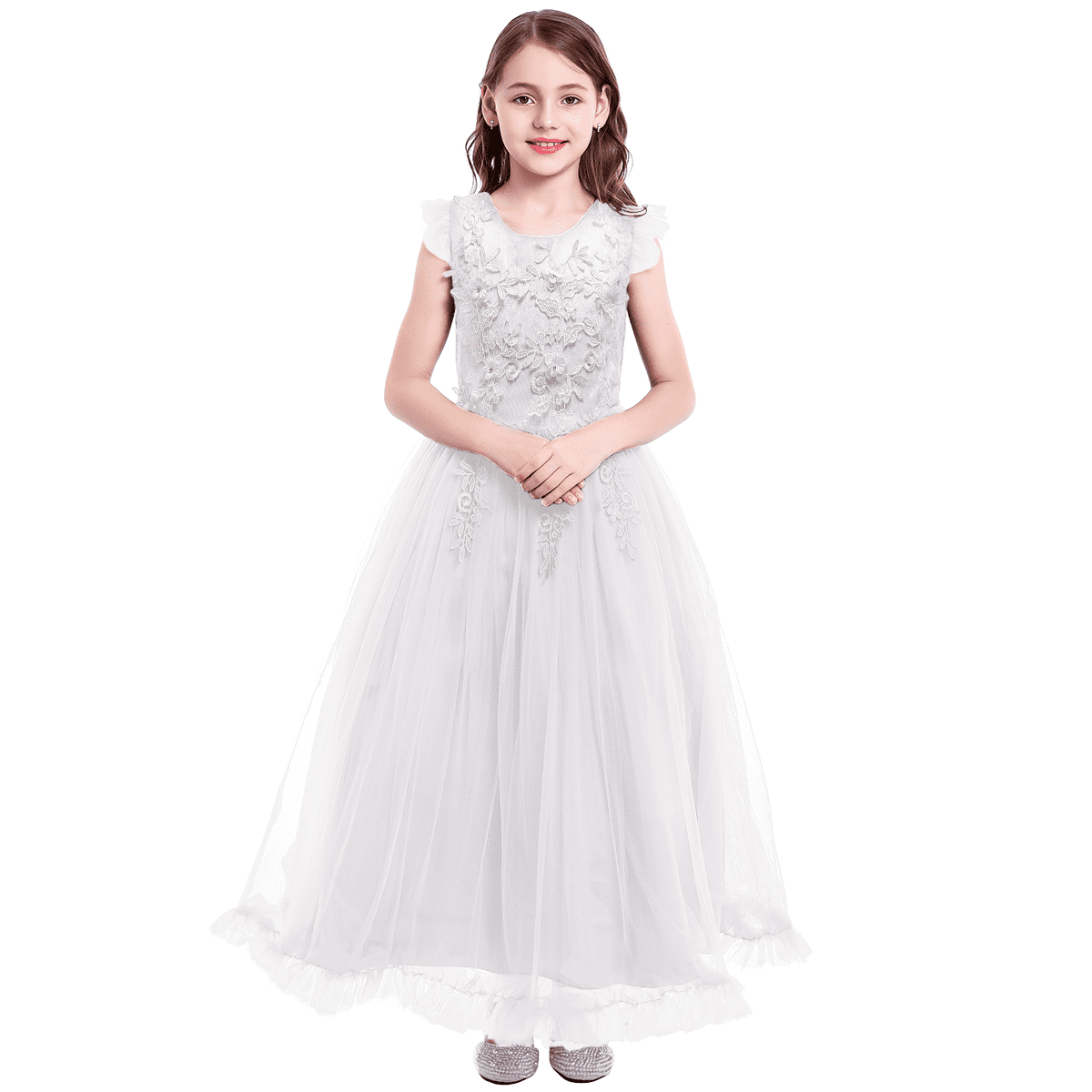 IDOPIP Flower Girls Tulle Maxi Dress Vintage Floral Lace Dance Gown ...