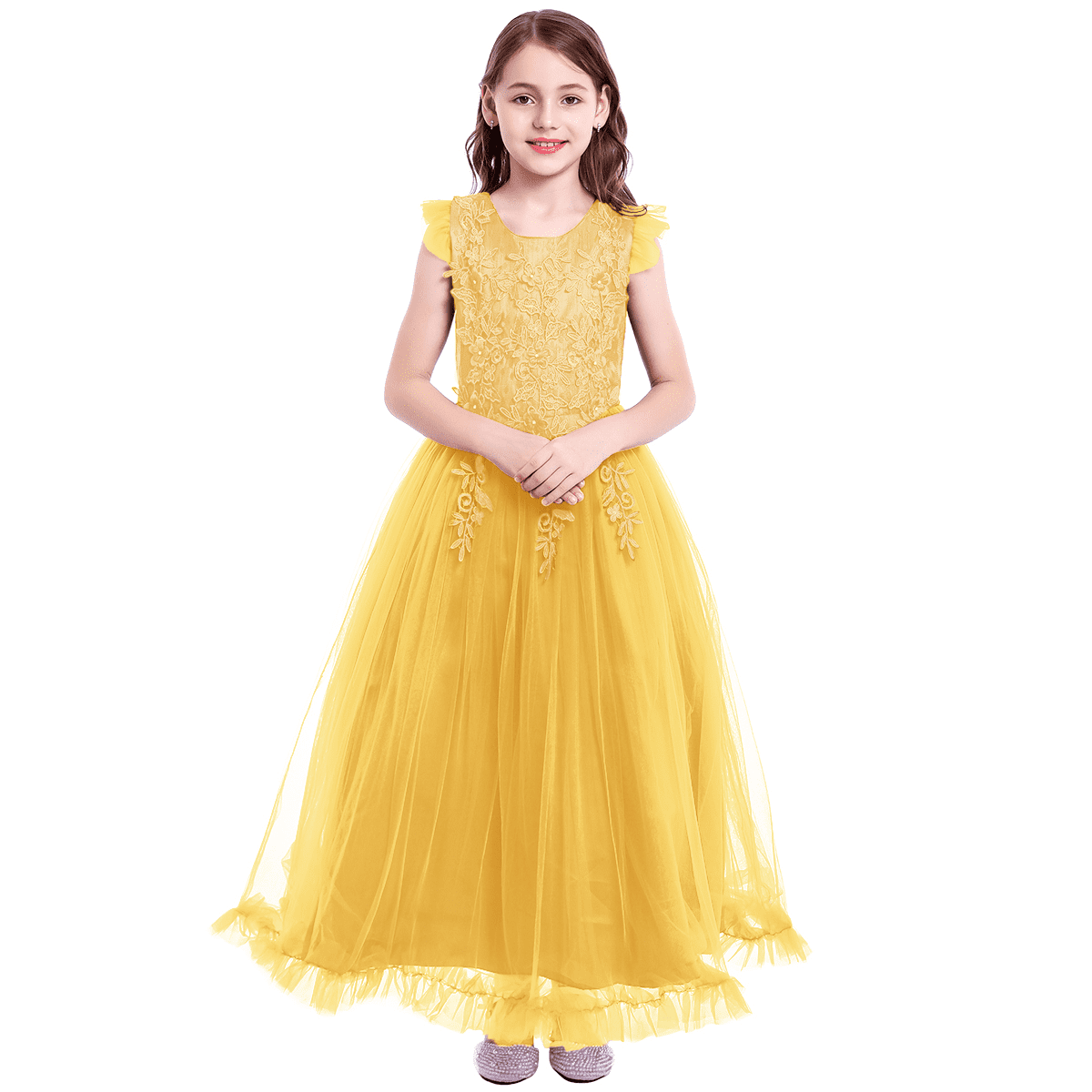 IDOPIP Flower Girls Tulle Maxi Dress Vintage Floral Lace Dance Gown ...