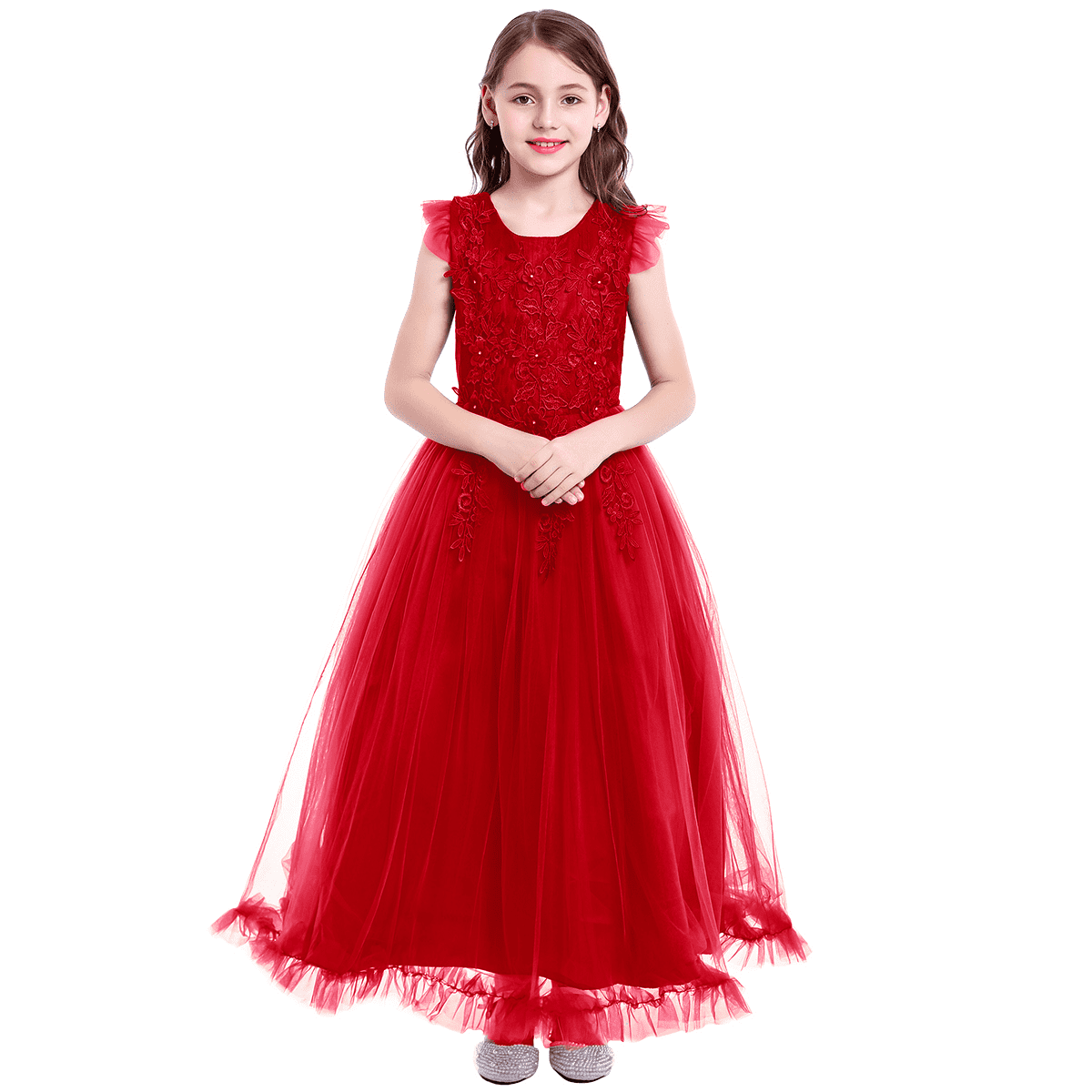 IDOPIP Girls Tulle Maxi Dress Vintage Floral Lace Dance Gown Bridesmaid ...