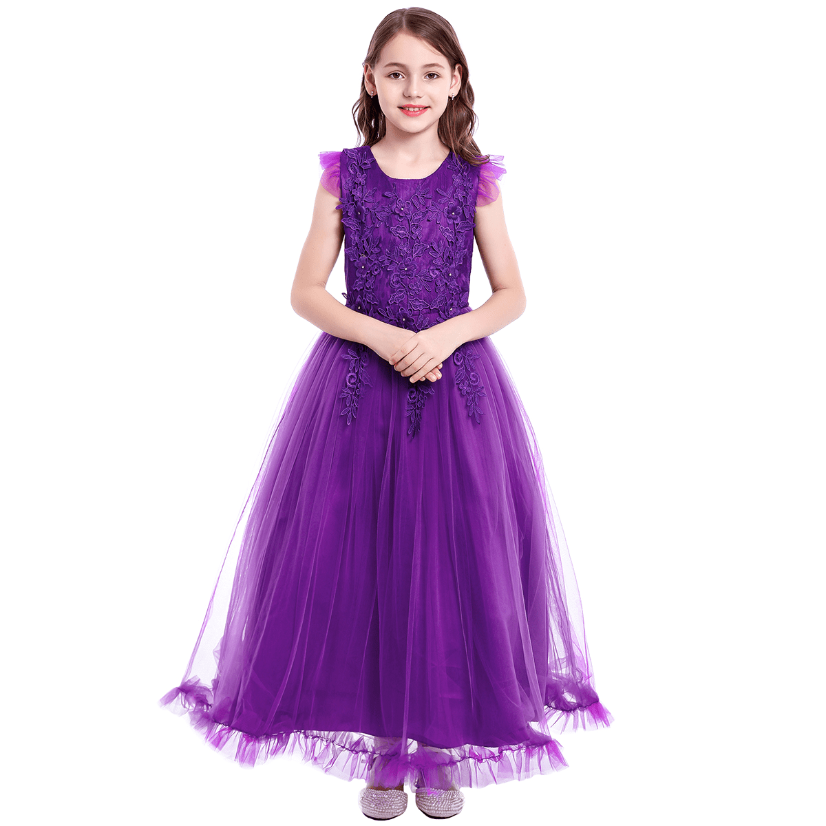 IDOPIP Girls Tulle Maxi Dress Vintage Floral Lace Dance Gown Bridesmaid ...