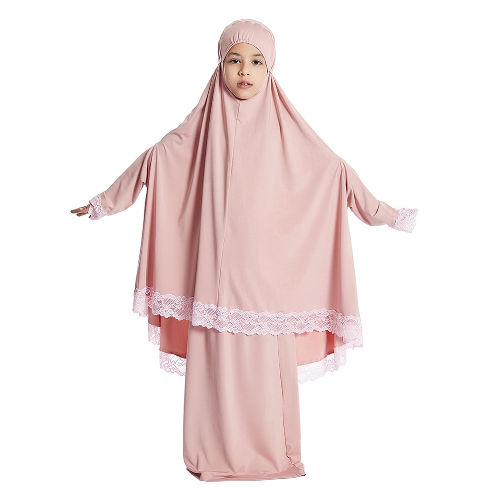 IDOPIP Kids Girls Abaya Muslim Full Cover Lace Hijab Dress 2pcs Kaftan ...
