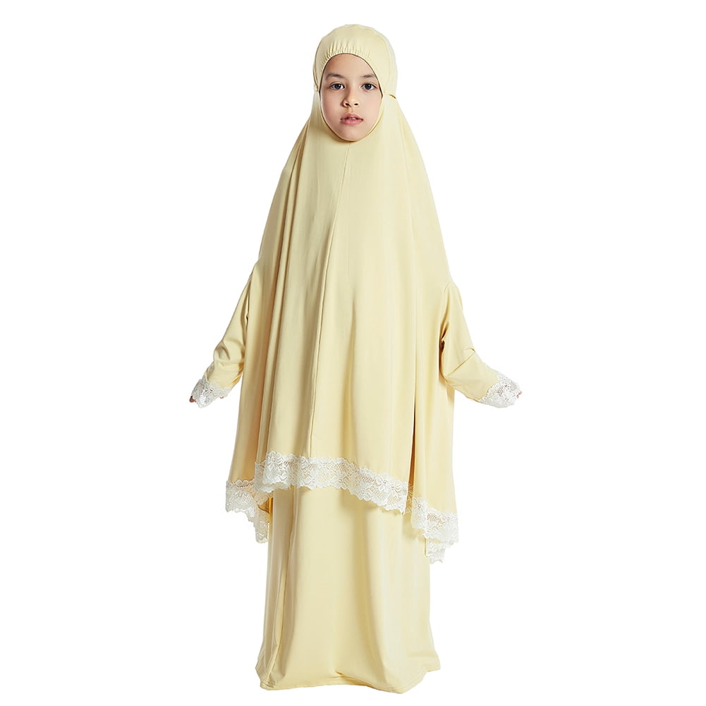 IDOPIP Kids Girls Abaya Muslim Full Cover Lace Hijab Dress 2pcs Kaftan ...