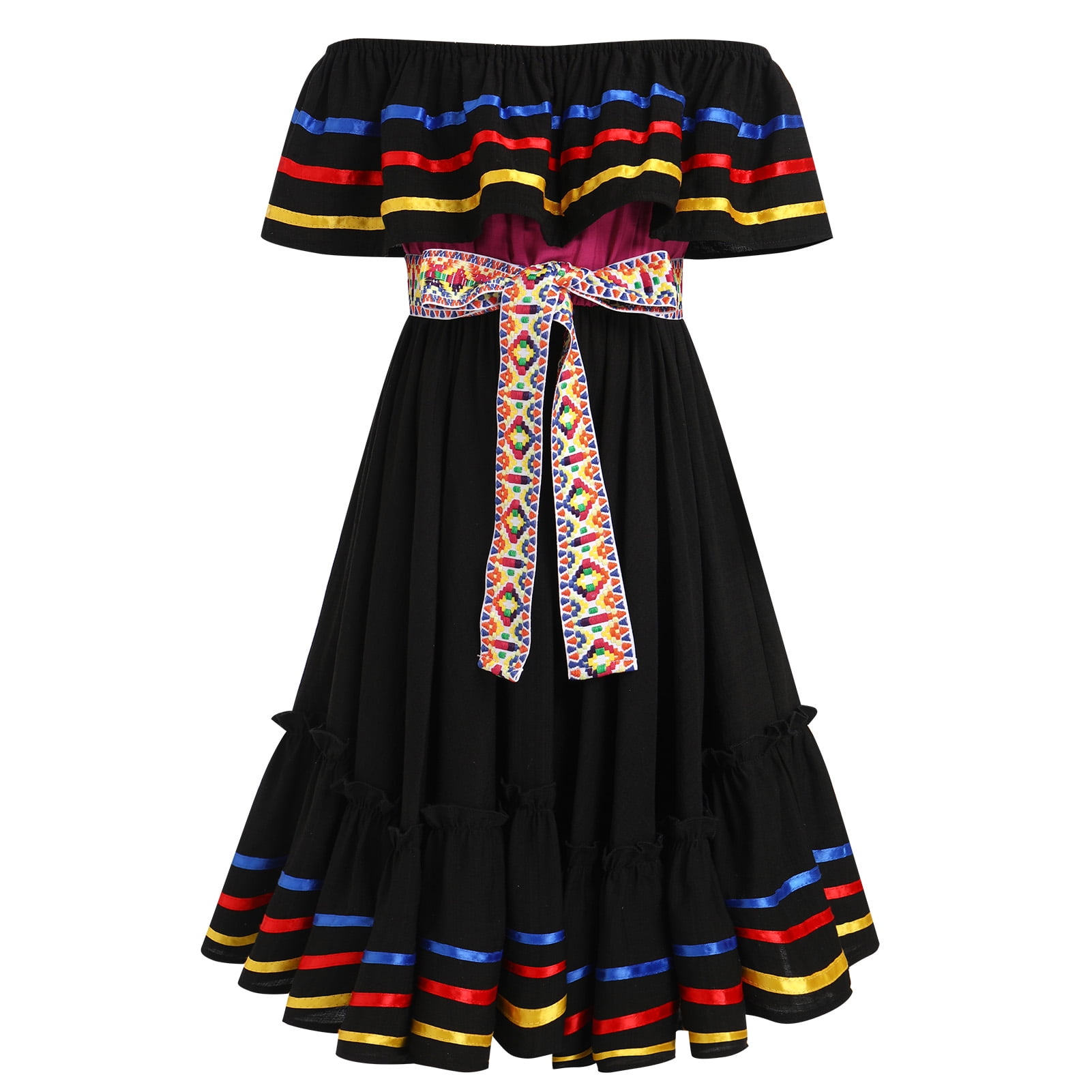 IDOPIP Kids Girls Traditional Mexican Dress Cinco De Mayo Fiesta Ribbon ...