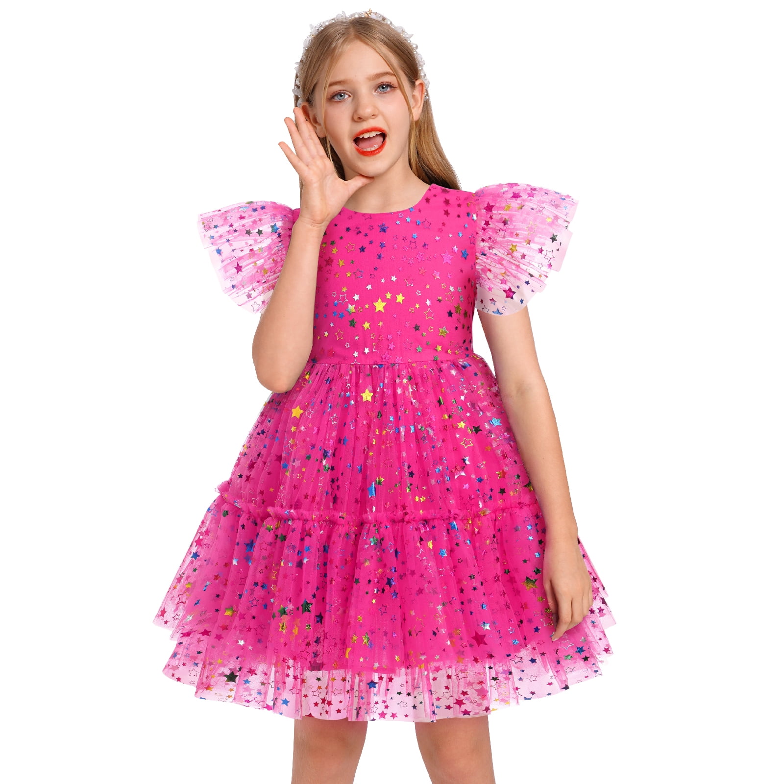 IDOPIP Toddler Kids Girls Sequin Star Tutu Dress Ruffle Sparkle Tulle ...