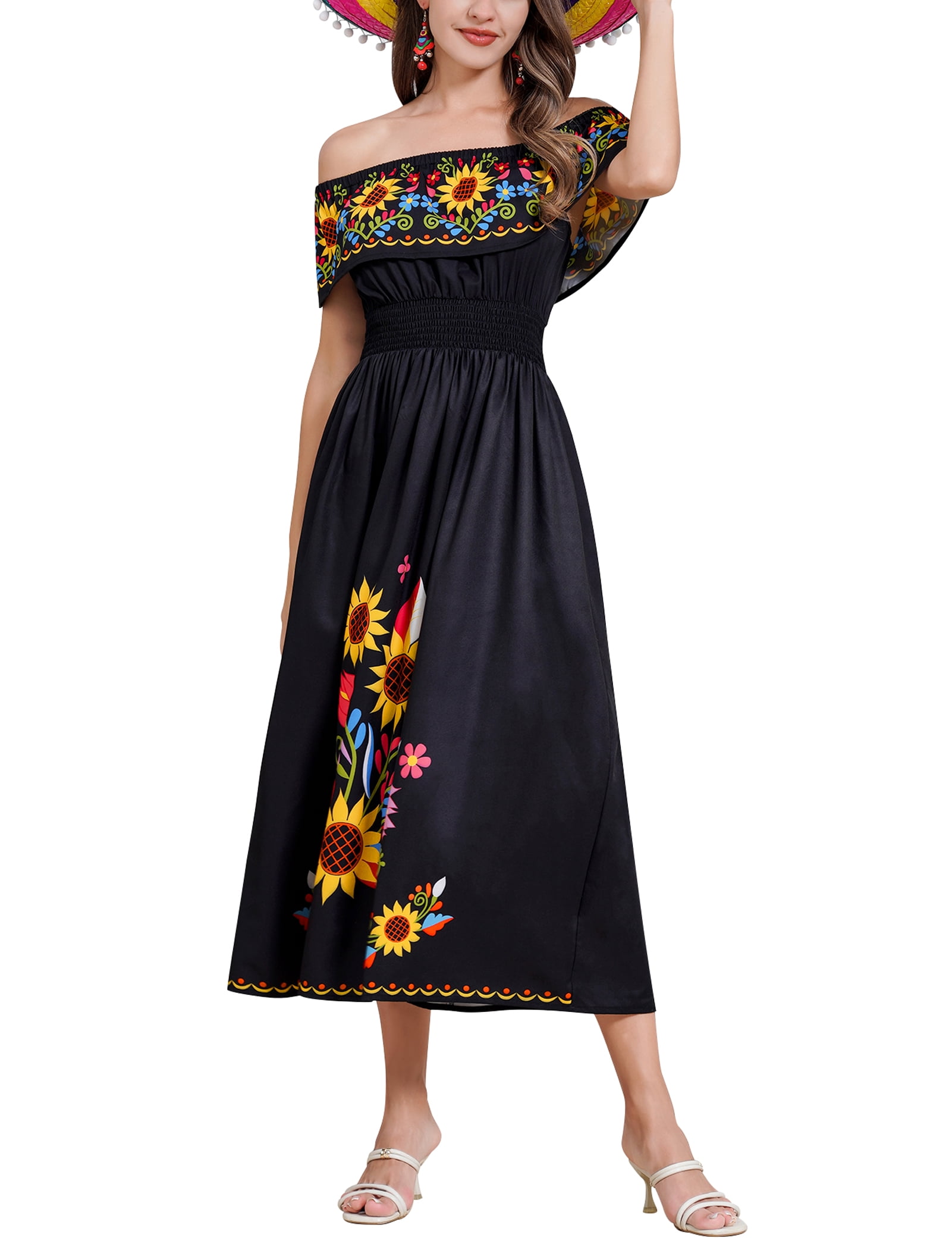 IDOPIP Mexican Dress for Women Off Shoulder Traditional Mexican Fiesta ...