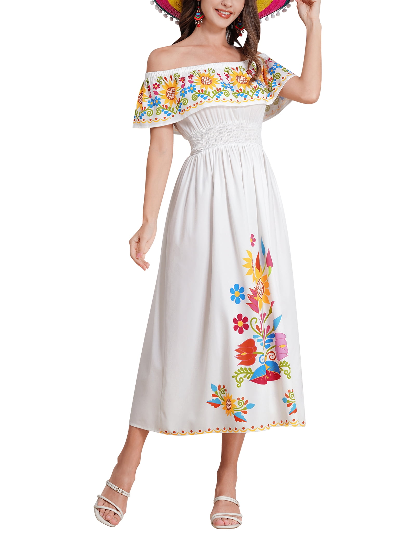 IDOPIP Mexican Dress for Women Off Shoulder Traditional Mexican Fiesta ...