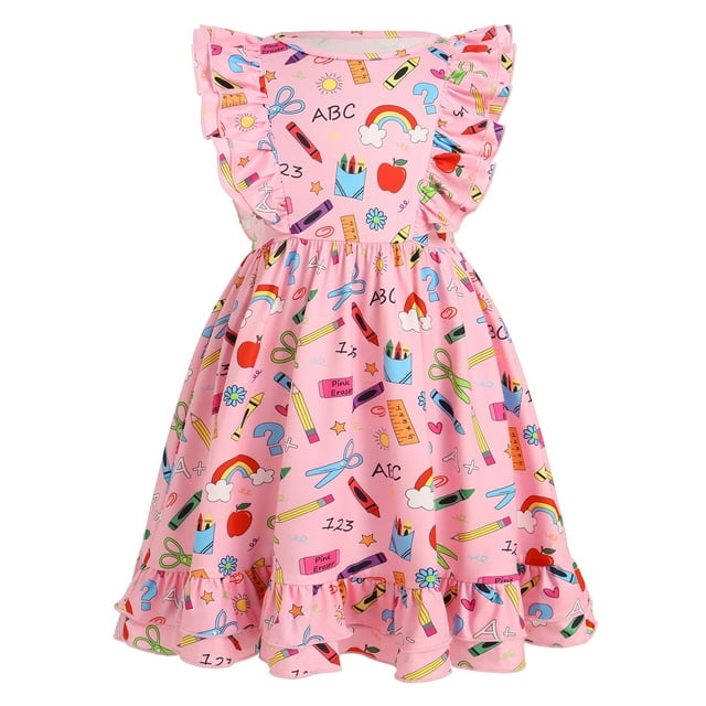IDOPIP Toddler Kids Girls Back to School Dress Cartoon Print Ruffle ...