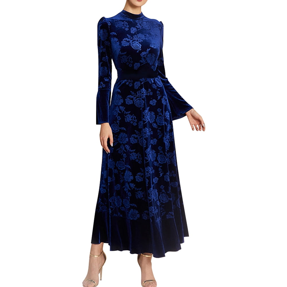 IDOPIP Velvet Dress for Women 2024 Elegant Floral High Neck Long Bell ...