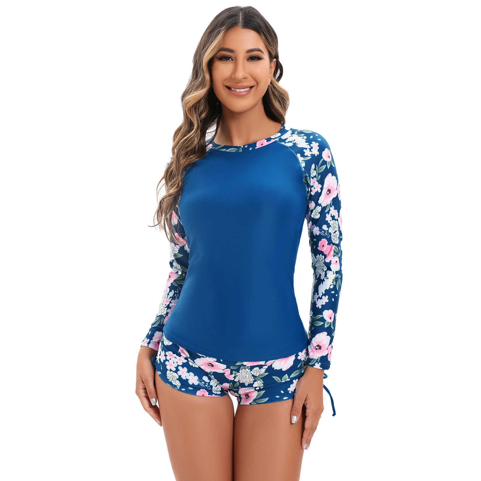 IDOPIP Women 2 PC Rash Guard Long Sleeve Swimsuits Swim Shirt with Shorts Set Surf Bathing Suits ...