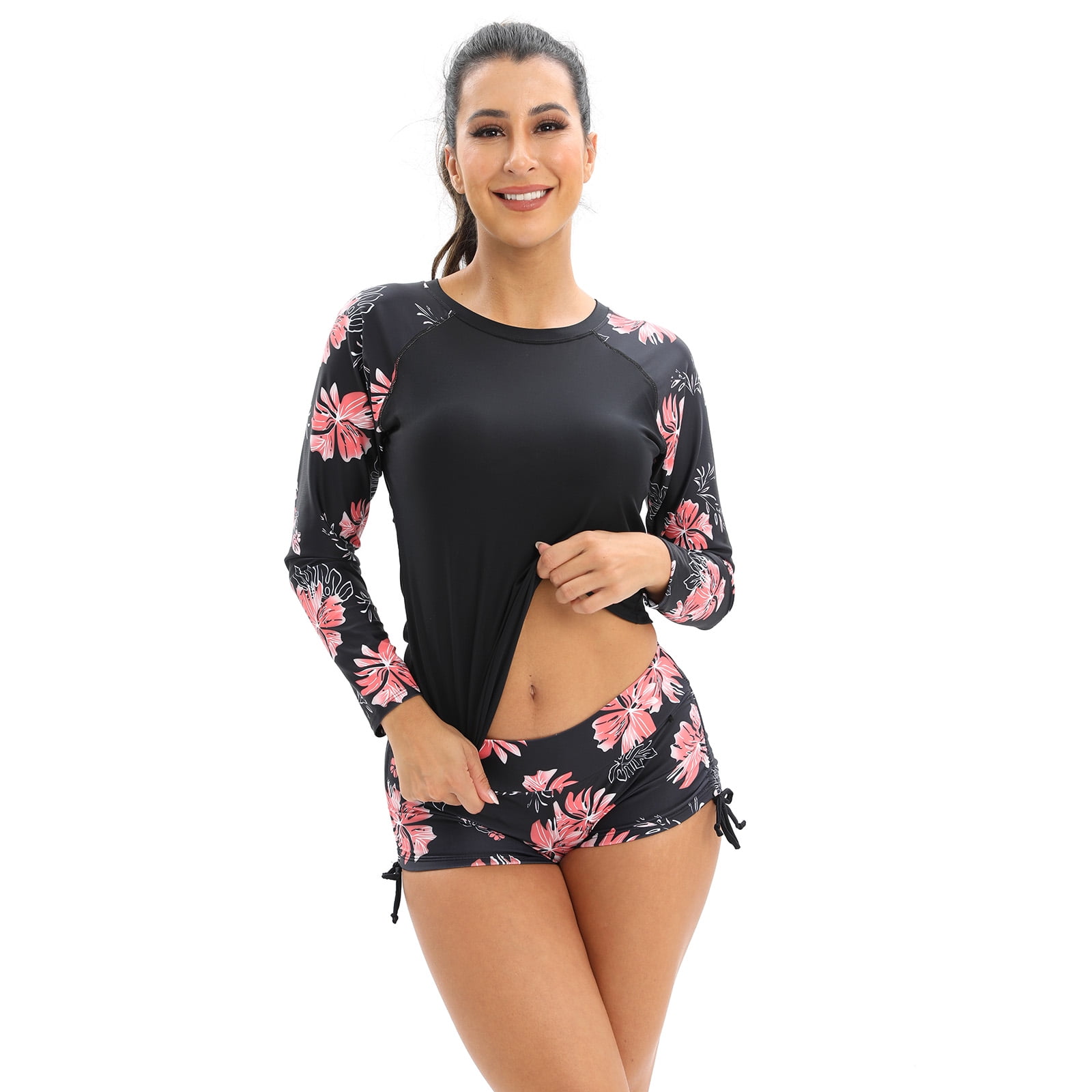 IDOPIP Women 2 PC Rash Guard Long Sleeve Swimsuits Swim Shirt with Shorts Set Surf Bathing Suits ...