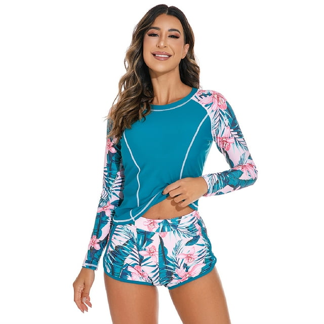 IDOPIP Women 2 PC Rash Guard Long Sleeve Swimsuits Swim Shirt with Shorts Set Surf Bathing Suits ...