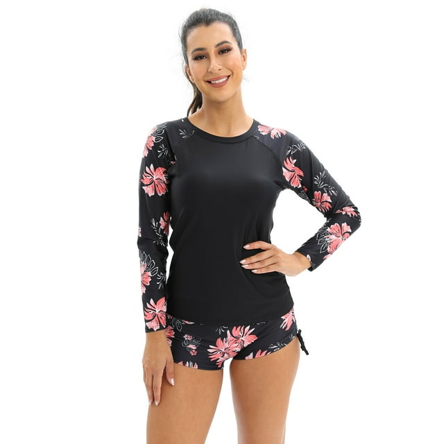 IDOPIP Women 2 PC Rash Guard Long Sleeve Swimsuits Swim Shirt with Shorts Set Surf Bathing Suits ...