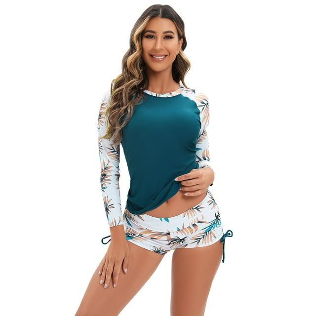 IDOPIP Women 2 PC Rash Guard Long Sleeve Swimsuits Swim Shirt with Shorts Set Surf Bathing Suits ...