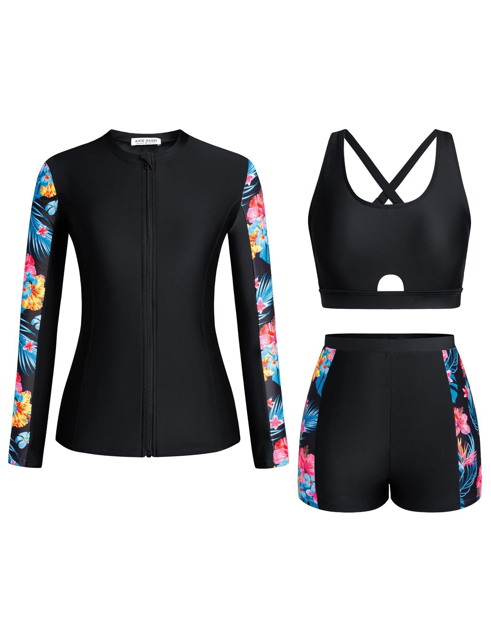 IDOPIP Women 3 Piece Rash Guard - Long Sleeve Swimsuit Built in Bra Swim Shirt Zip Bathing Suit ...