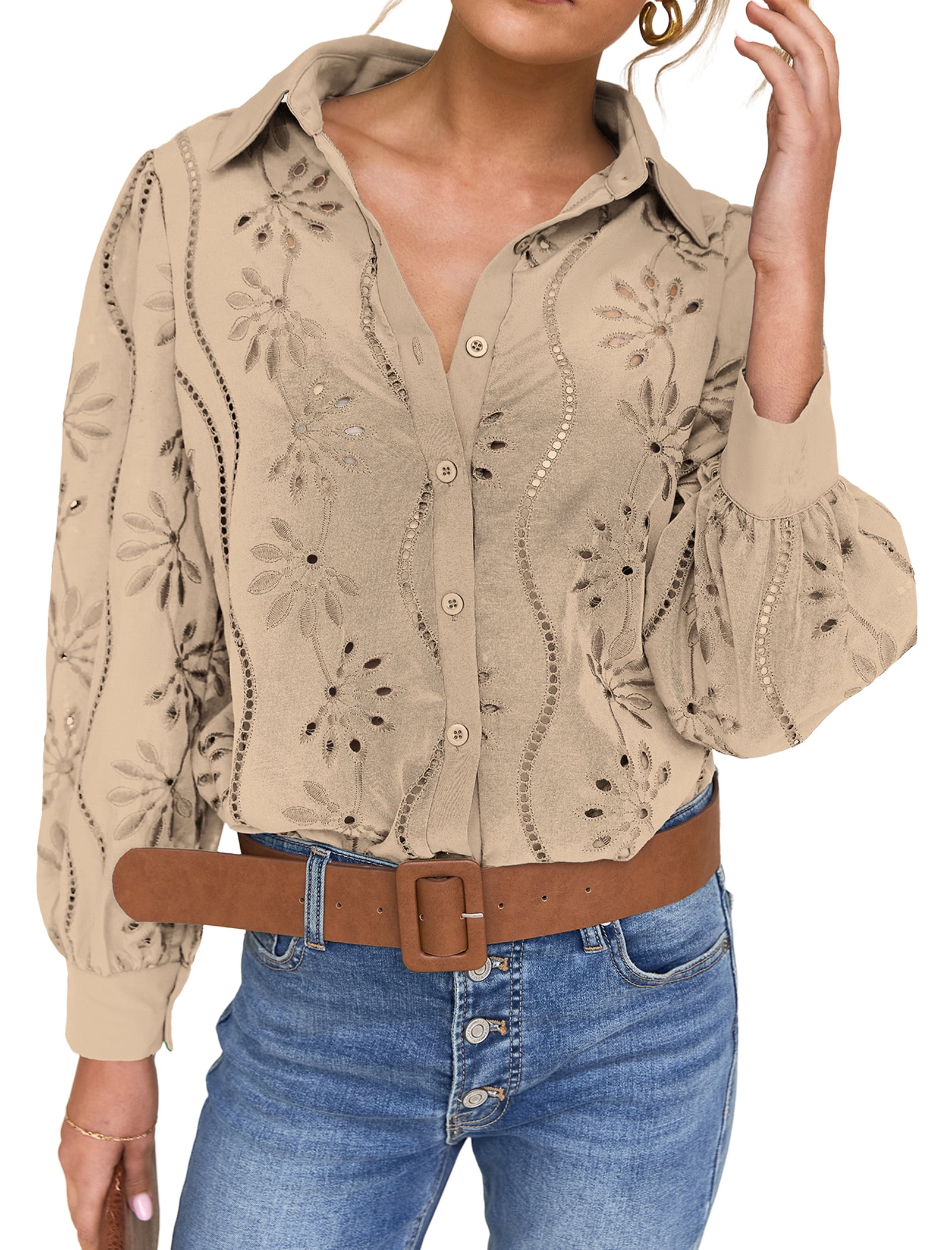 IDOPIP Women Blouses Elegant Plain Beige V Neck Tshirts Button Up Puff ...
