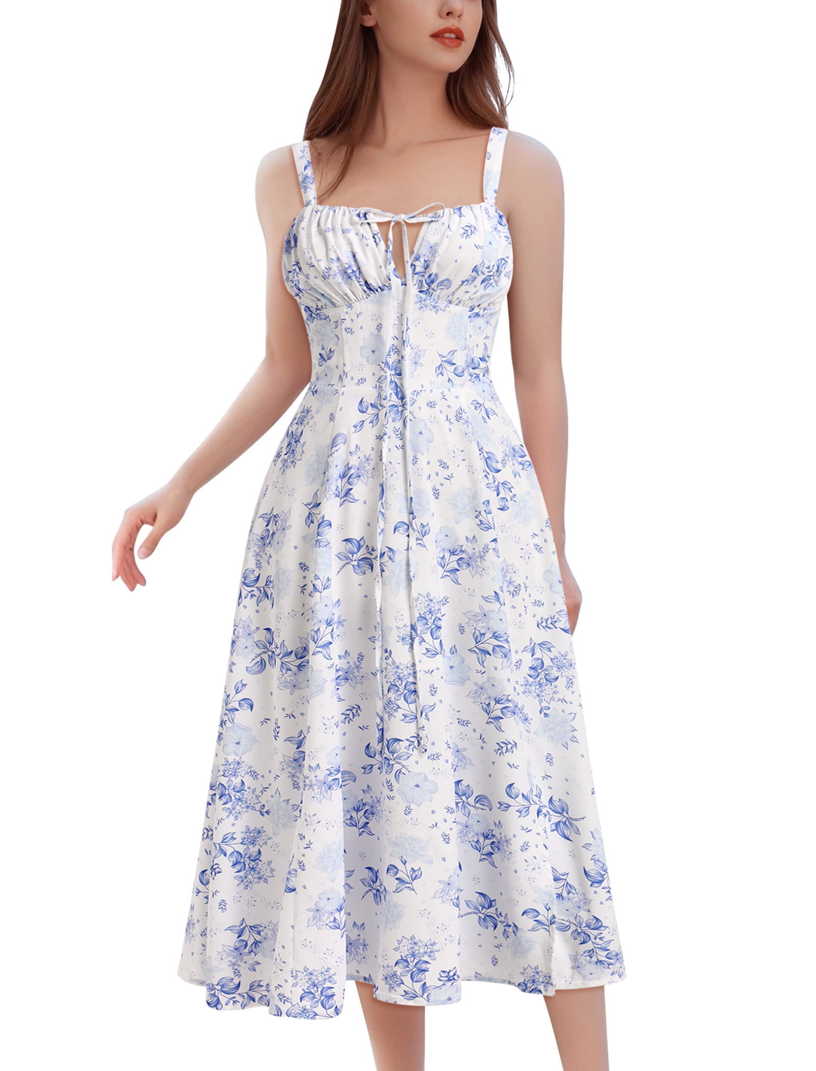 IDOPIP Women Floral Midi Corset Dress Boho Flowy Slit Lace Up Dresses ...