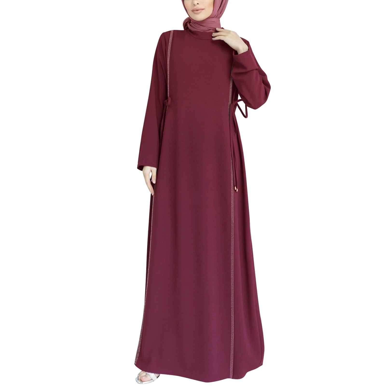 IDOPIP Women Muslim Abaya Dress Long Sleeve Self Tie Modest Dress Ramadan Eid Prayer Clothes ...