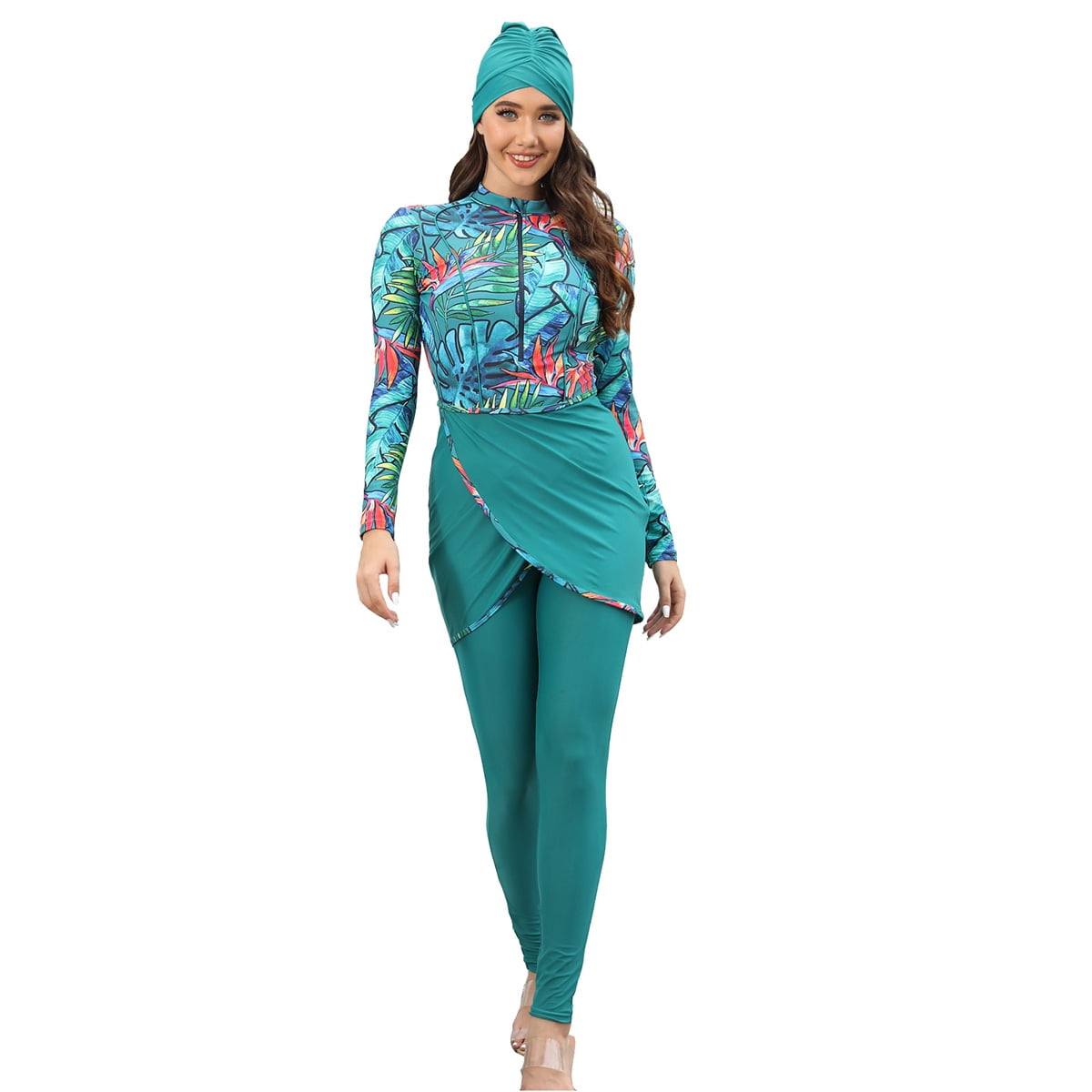 IDOPIP Women Muslim Swimsuits Floral Print Rash Guard Burkini Swimsuits ...