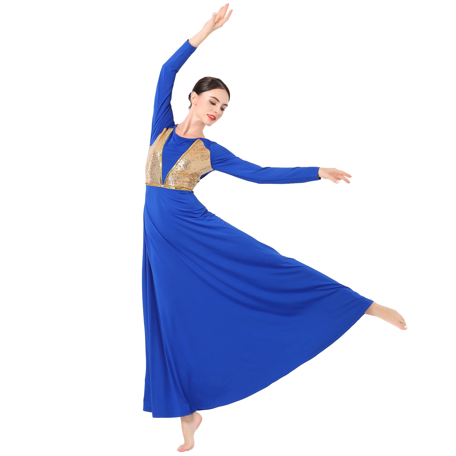 IDOPIP Women Shiny Praise Dance Dress Sequin Gold Lyrical Dance Dress Liturgical Worship ...